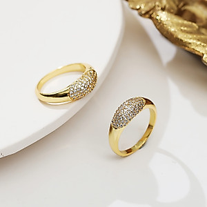 Collner 18K Gold Minimal Pave Dome Ring Statement Simulated Diamond Thin CZ Dome Ring Classic Gold Wedding Band