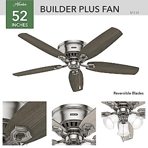 Hunter Fan Company Builder 52-inch Indoor Brushed Nickel Traditional Ceiling Fan With Bright LED Light Kit, Pull Chains, and Reversible WhisperWind Motor Included