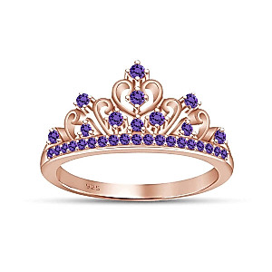 AFFY Round Cut Simulated Amethyst Princess Crown Ring in 14k Rose Gold Over Sterling Silver