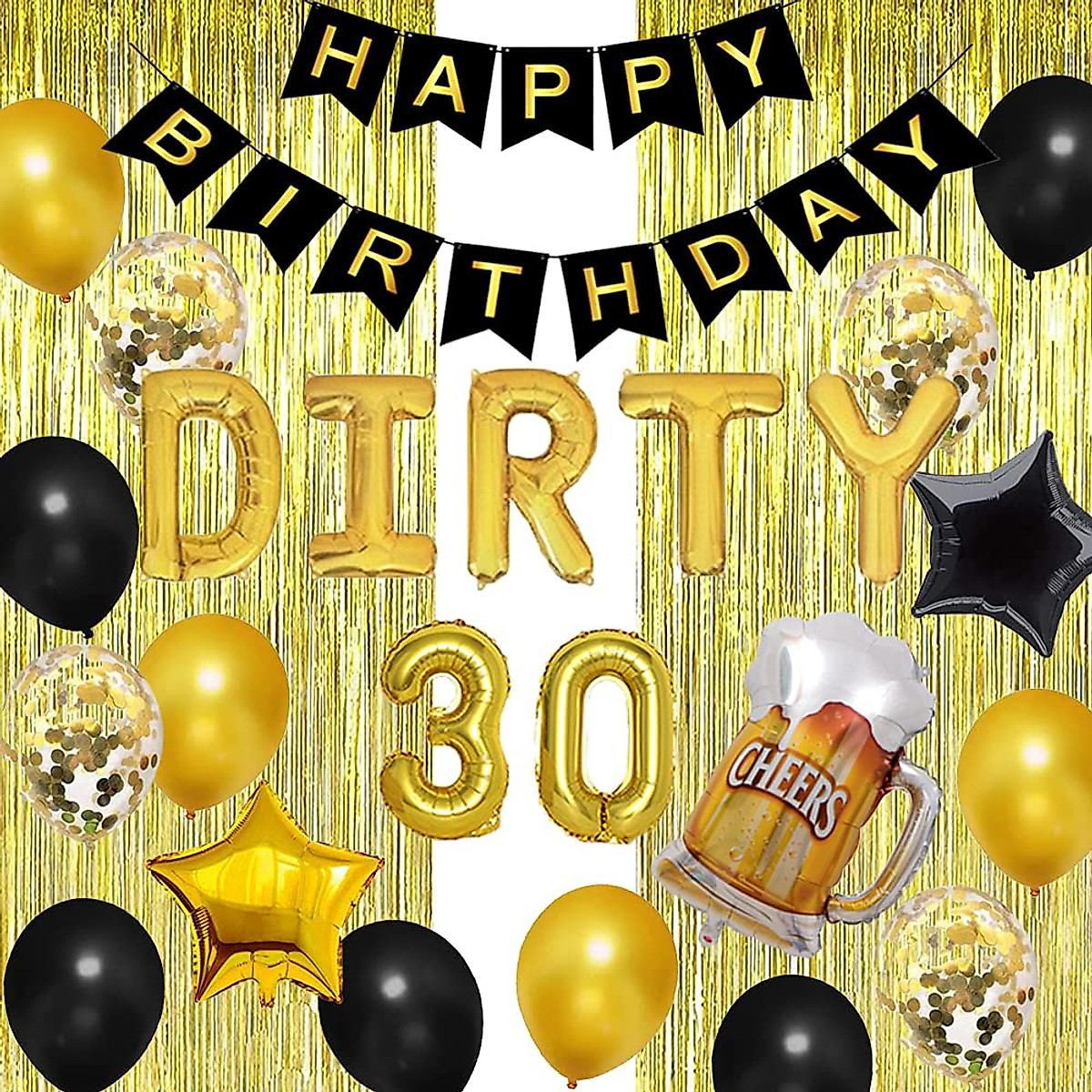Geloar 23PCS Dirty 30 Birthday Decorations for Him, Dirty 30 Balloons Banner Black and Gold Birthday Dirty Thirty Decorations for Him 30th Birthday Party Supplies for Men Cheers & Beers to 30 Years