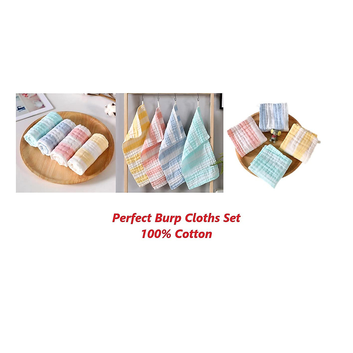 Kidzbee Muslin Burp Cloths for Baby Girls and Boys - 100% Cotton Large Newborn Burping Rags – Super Soft Absorbent Washcloths Perfect Registry Gift Pack of 4 (Blue, Pink, Yellow, Green)