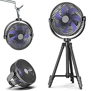Koonie Standing Fan, 10000mAh Portable Rechargeable 8'' Battery Powered Pedestal Fan with Tent Hook 37Hours Working Time Adjustable Tripod 4 Speeds Fan for Bedroom Travel Fishing Beach Camping