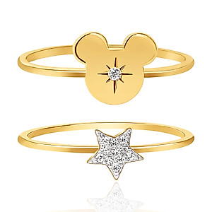 Disney Womens Stackable Ring Set Size 7 - Flash-Plated Rings Mickey Mouse Ring - CZ Star Ring
