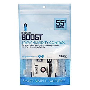 Integra Boost - 55% RH Level - 8 Gram Size - Two-Way Humidity Control Pack Incl. Replacement Indicator Cards - Food Storage & Herbs Preserver Moisture Balancer, Protects 1 OZ (Pack of 6)
