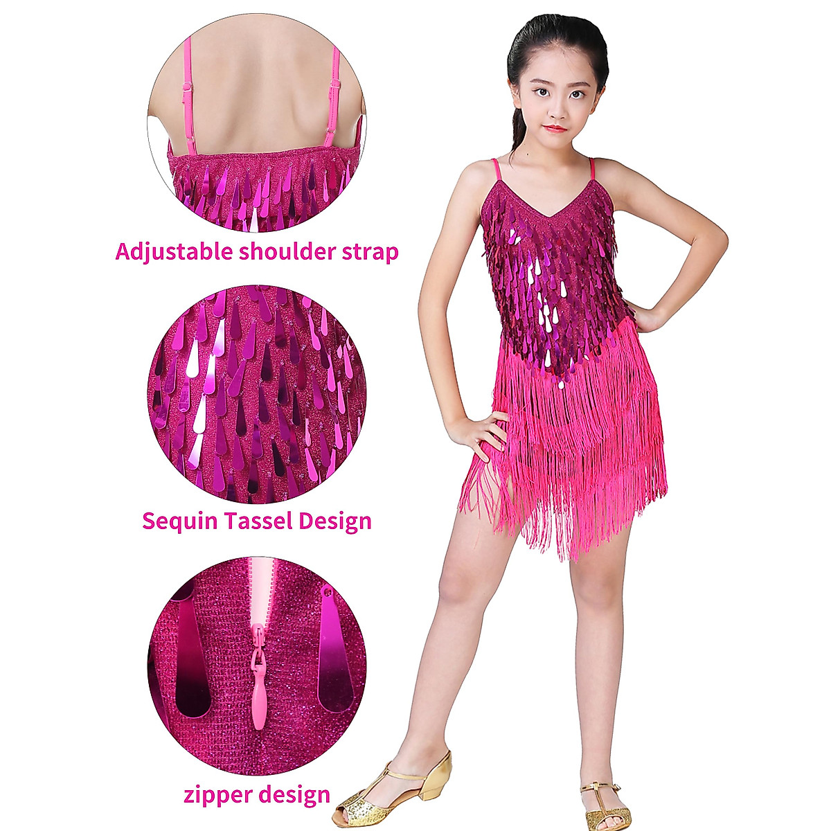 Latin Dance Dress Tassel Salsa Dancewear Sequin Fringe Dress Modern Ballroom Cha Cha Dancer Outfits for Girls (US, Age, 8 Years, 9 Years, Rose)