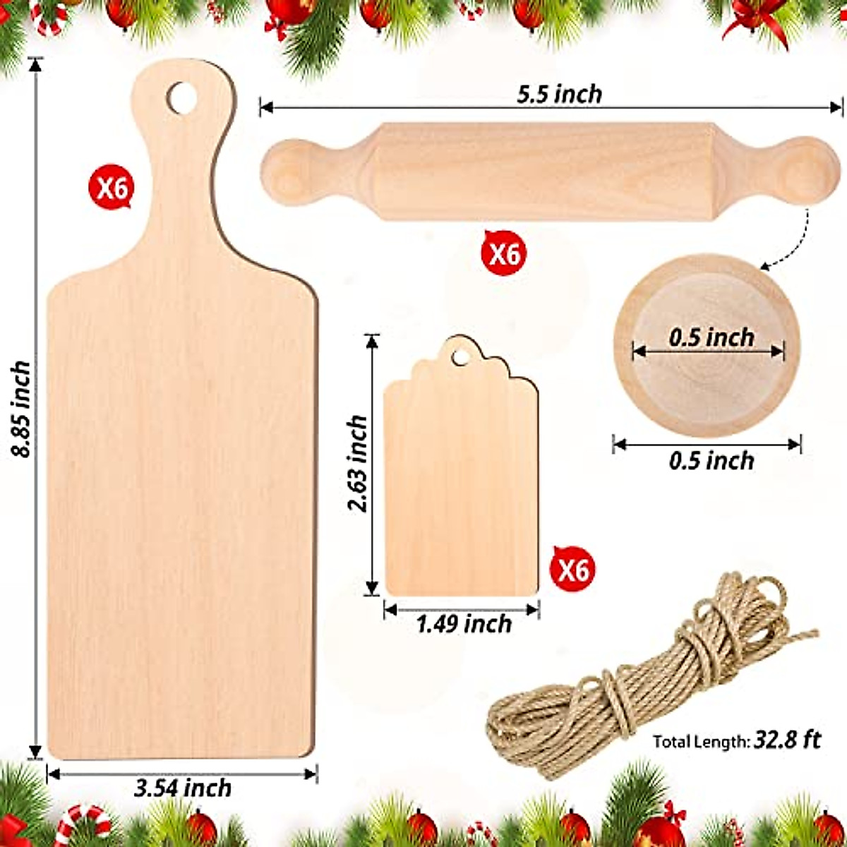 20Pcs Wooden Mini Rolling Pin for Crafts, Kids Small Dough Rolling Pin, Wood Cutting Board Chopping Board with Handle, Blank Wooden Labels with Rope for Halloween Christmas DIY Kitchen Home Decor