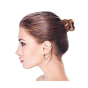 Geometric Cartilage Plain Band With Chain Ear Warp Cuff CZ Stud Ear Lobe Earring For Women Teens Men Yellow Gold .925 Sterling Silver