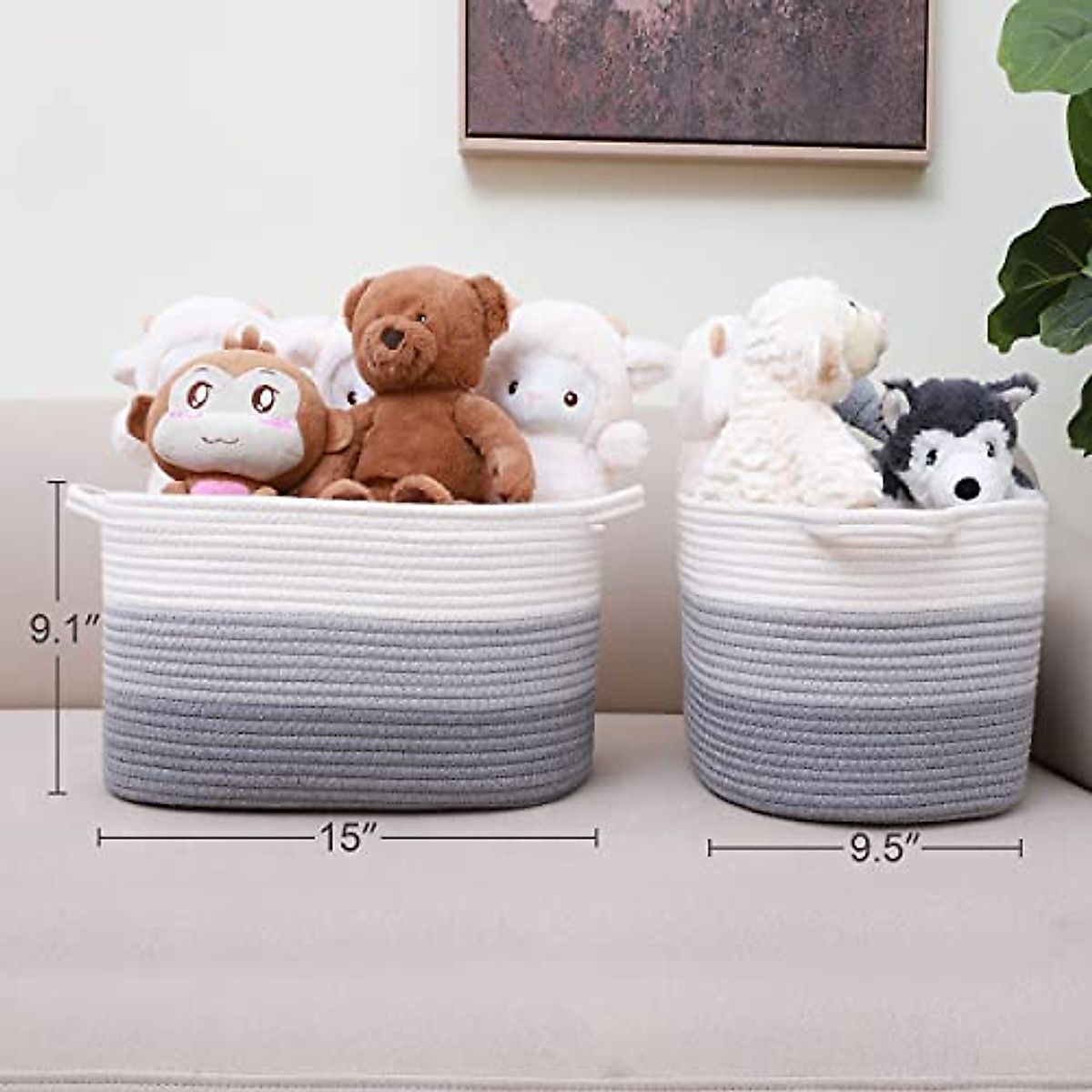 Bienvoun Cotton Rope Storage Baskets - 3 Packs Woven Storage Bins with Handle, Toy Storage Baskets, Blanket Baskets for Toy Storage, Blanket Storage, Book Storage(Grey)