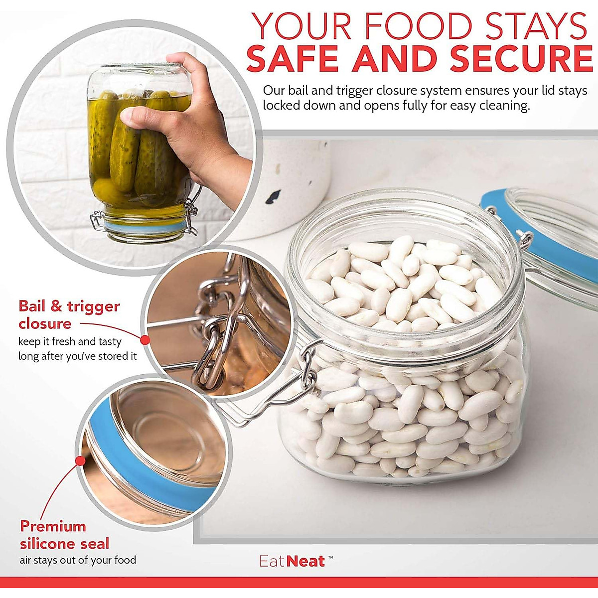 EATNEAT 5-Piece Airtight Glass Kitchen Canisters with Glass Lids - Set of 5 Mason Jars for Food Storage, Organization, and Canning - Food Storage Containers that Hold 68, 51, 34, 27, and 17 Ounces