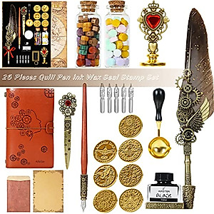 Aifeiter Feather Calligraphy Pen Set.Quill Pen Ink Set.Wax Seal Stamp Set,include Feather Pen.5D Relief Seal,Leather Notebook,Etc.Birthday Gift,Christmas Gift.Gift Selection Calligraphy Pen Set-Grey