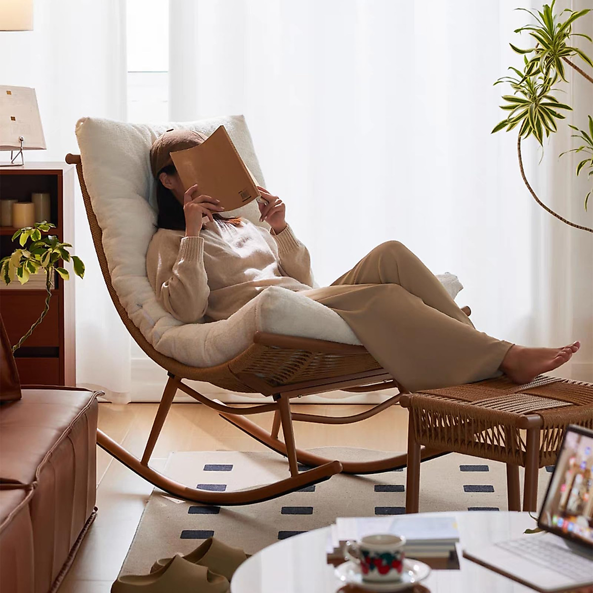 NRNQMTFZ Upholstered High-Back Glider Chair,Patio Rattan Rocker Chair with Cushions & Steel Frame, All-Weather Rocking Lawn Wicker Furniture for Garden Backyard Porch(White)