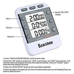 Digital Kitchen Timer Dual Timers 3 Channels Count UP/Down Timer Samshow Cooking Timer Stopwatch Large Display, Adjustable Volume Alarm with Magnetic Back, Stand, Battery Included