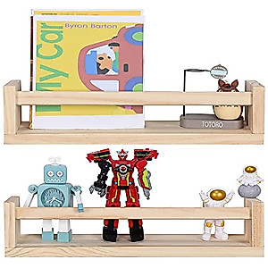 JORIKCHUO Nursery Book Shelves, Set of 2 Wood Floating Book Shelves for Kids Room, Kitchen Spice Rack, or Rustic Wall Mounted Shelves for Farmhouse Bathroom Decor (Natural Wood)