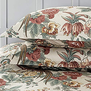 Eikei Home Chinoiserie Chic Peacock Floral Duvet Cover Paradise Garden Botanical Bird and Tree Branches Vintage Stylized Long Staple Cotton Bedding Set (Autumn Red, King)