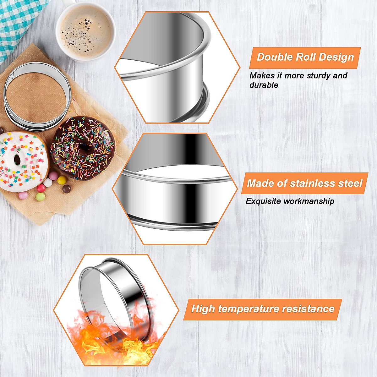 Catcan 6 Pieces English Muffin Rings, 3.15 Inch Stainless Steel Crumpet Ring Double Rolled Tart Ring Nonstick Metal Round Ring Molds with Silicone Oil Brush