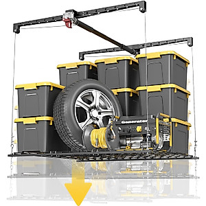 Overhead Garage Storage Rack, 4x4 Ft Garage Ceiling Storage Lift, Heavy-Duty Ceiling Mounted Garage Storage Lift System for Garage Organization, 250lbs Weight Capacity, Matte Finish