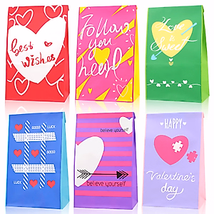 HOWAF 24 Pieces Valentine's Day Paper Bags, Valentine's Day Treat Bags with Heart Pattern for Wedding Supplies, 6 Pattern Gift Bags for Present Wrapped