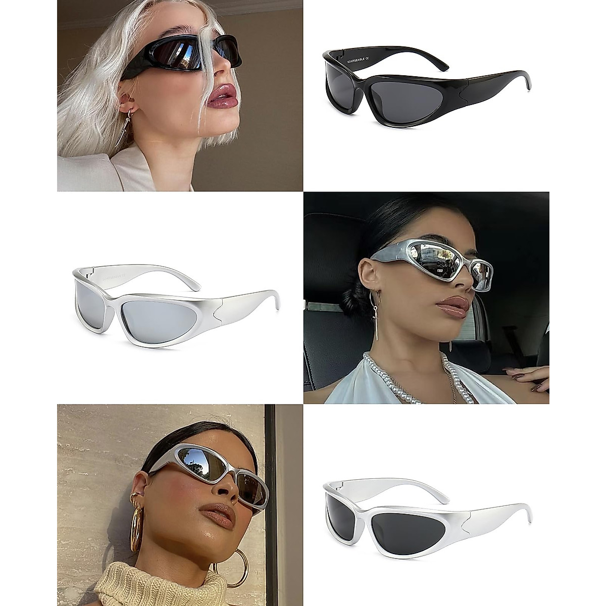 SOAR&EAGLE Y2K 3Pack Polarized sunglasses Men's sunglasses Women's sunglasses Fashion Sport Shades Sun Glasses（Silver frame gray sheet, Silver frame silver sheet, Bright black gray sheet）