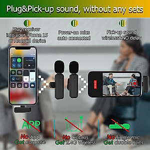 2 Pack Wireless Mini Lavalier Lapel Microphone for iPhone 15,Android Phone - 80ft Cordless Clip on Dual Mics with Noise Reduction 5H Working Time for Video Recording Vlogging, YouTube, Interview