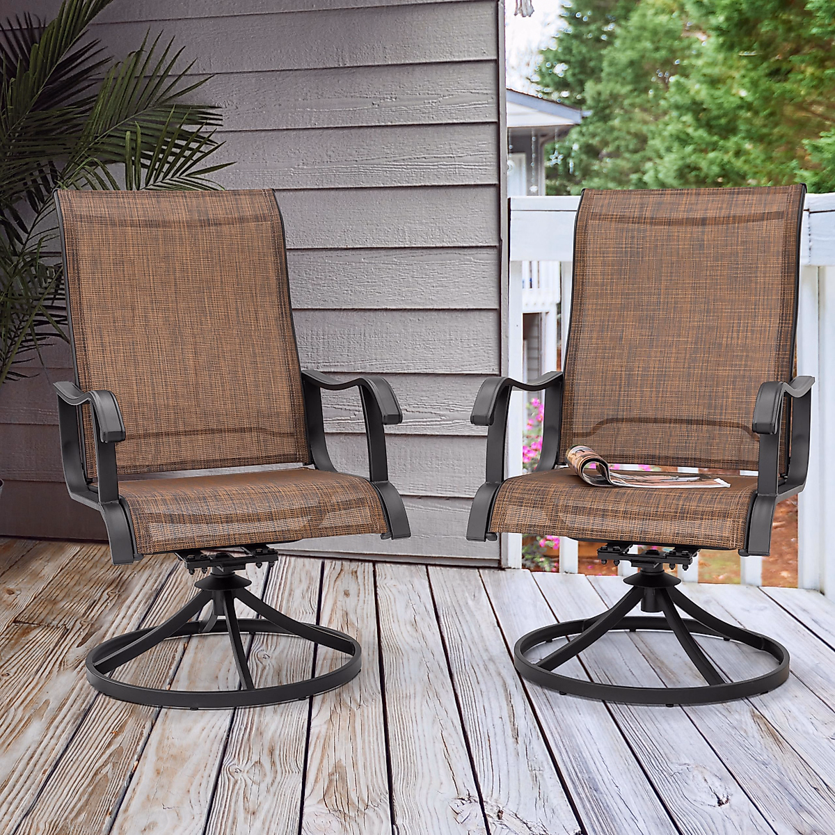 NUU GARDEN Patio Dining Chairs, Swivel Patio Sling Chairs Set of 2, All-Weather Textilene Outdoor Swivel Rocker Dining Chairs with Metal Frame for Lawn Garden Backyard, Brown