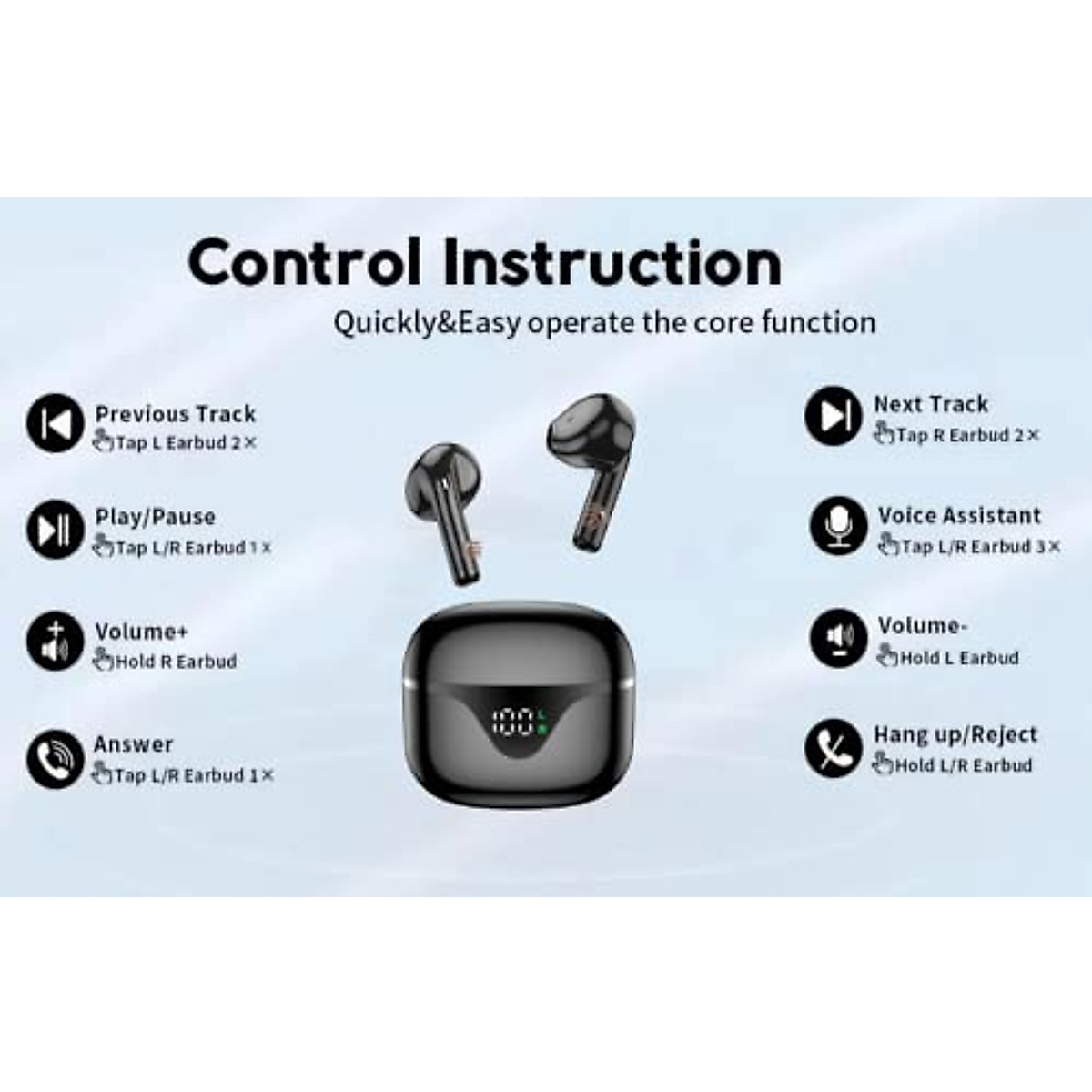 FangZhou True Wireless Earbuds Bluetooth 5.3 Headphones with Wireless Charging Case IPX5 Sweat Waterproof Stereo Earphones in-Ear Built-in Mic Headset for Gaming/Music/Driving/Chatting/Meeting