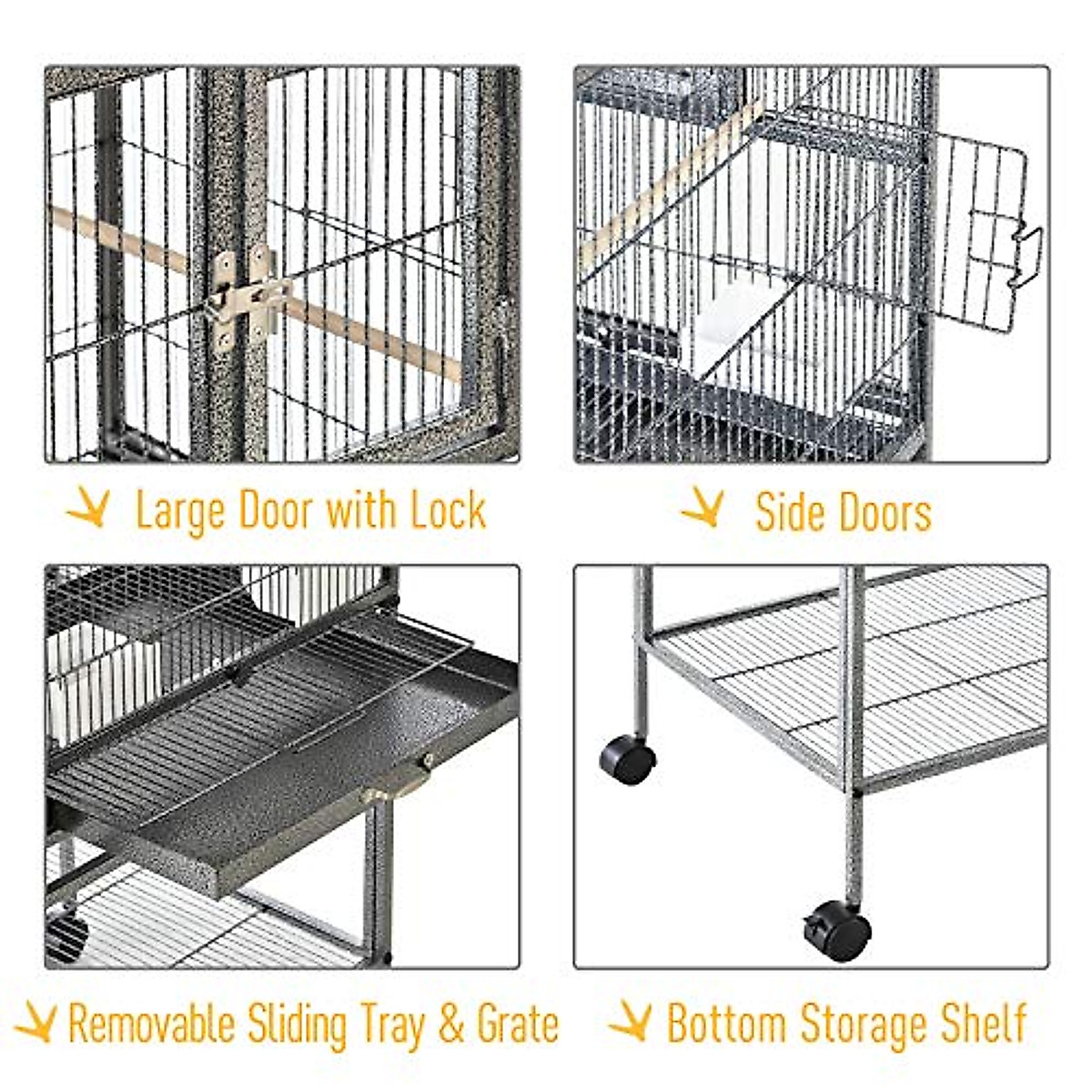 PawHut Divided Breeder Bird Cage with Rolling Stand Removable Metal Tray, Storage Shelf, Wood Perch, and Food Container