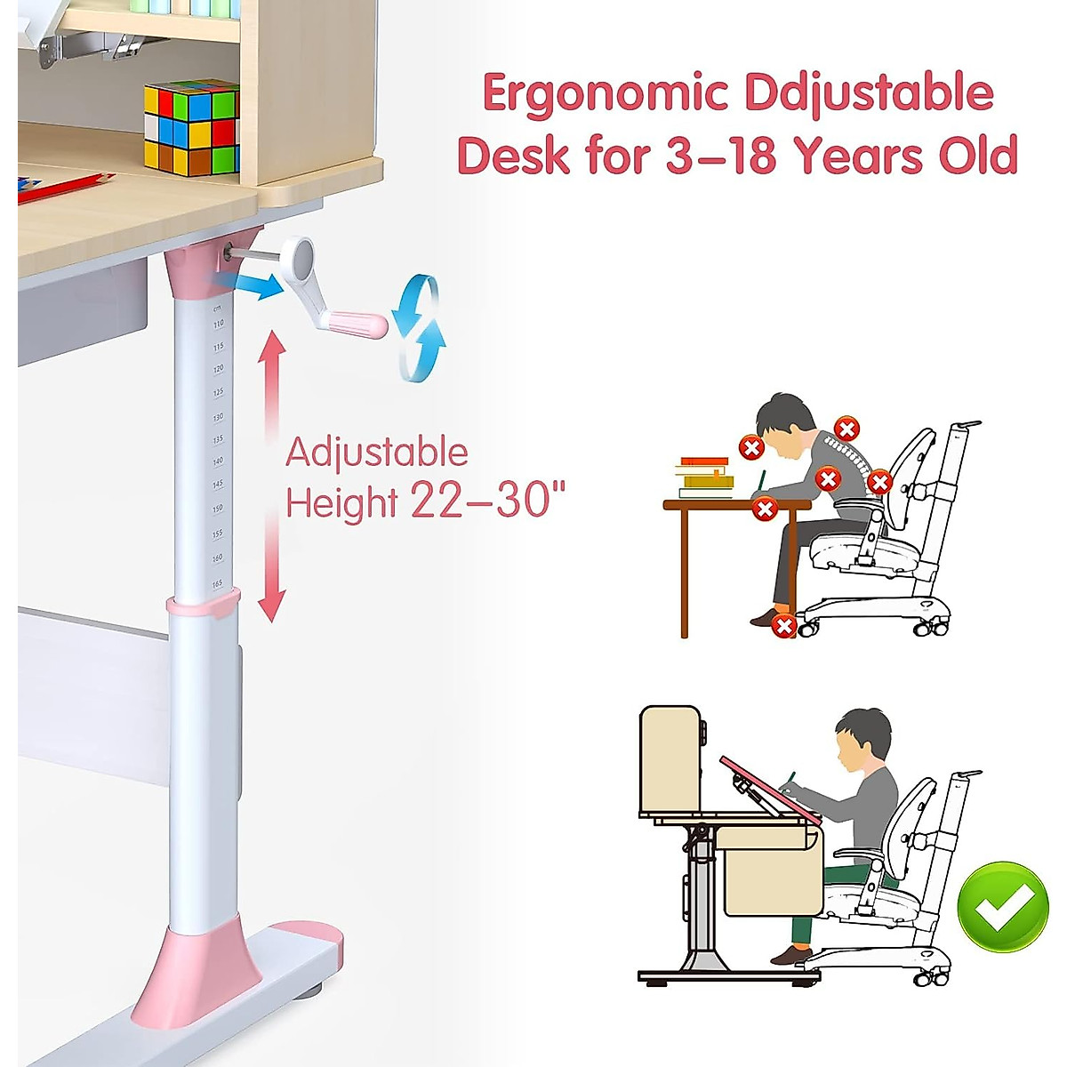 FCD Kids Desk, Wood Adjustable Height Ergomonoic Children Study Writing Reading Desk with Tiltable Desktop, Tablet Stand and Storage Drawers (Pink, Chair is not Included)