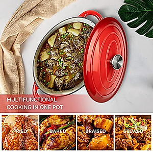Kerilyn 4.5 QT Enameled Oval Dutch Oven Pot with Lid and Dual Handles, Cast Iron Dutch Oven for Cooking, Bread Baking, Non-stick Enamel Coated Cookware (Red)