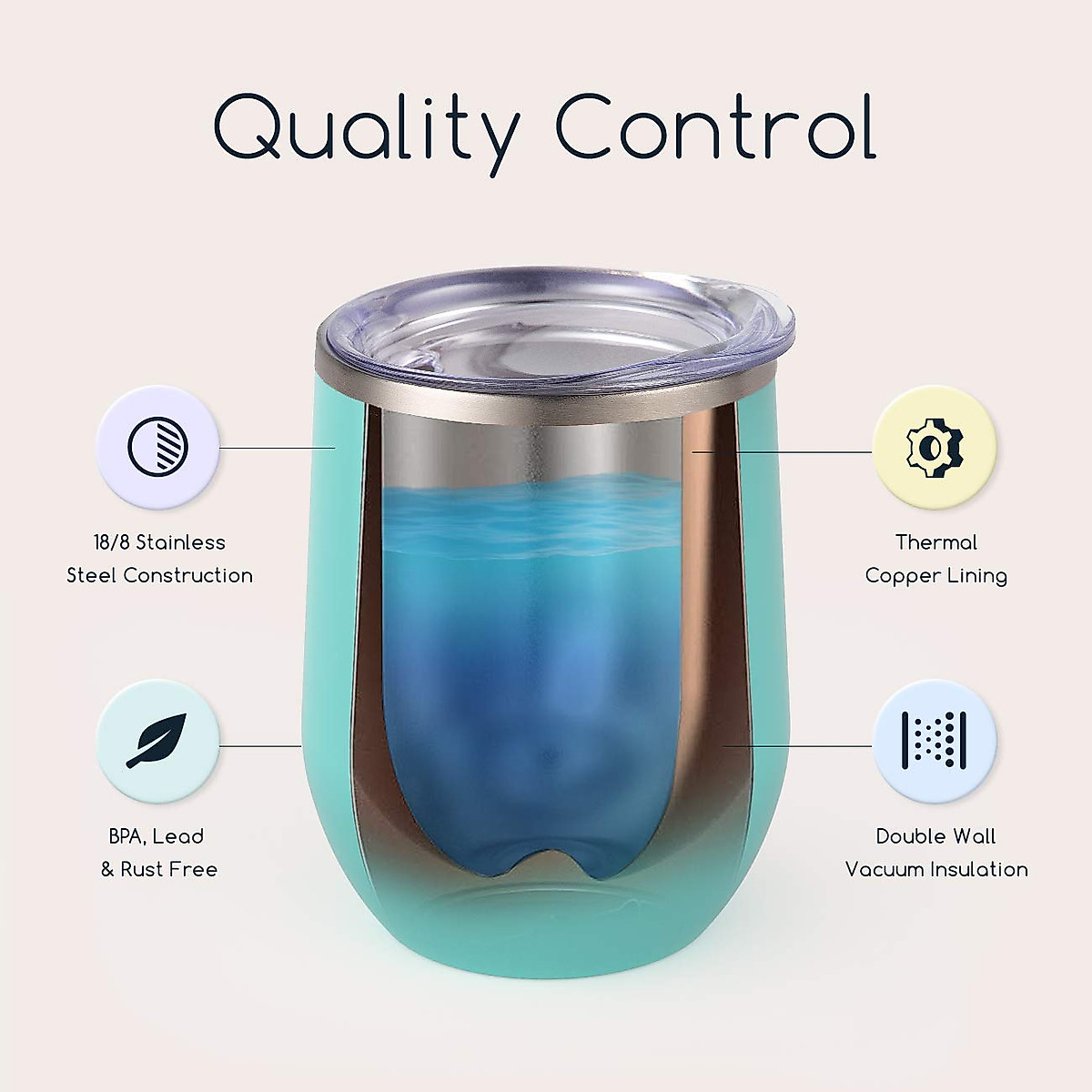 Maars Bev Stainless Steel Stemless Wine Glass Tumbler with Lid, Vacuum Insulated 12 oz Cup | Spill Proof, Travel Friendly, Fun Cocktail Drinkware - Mint