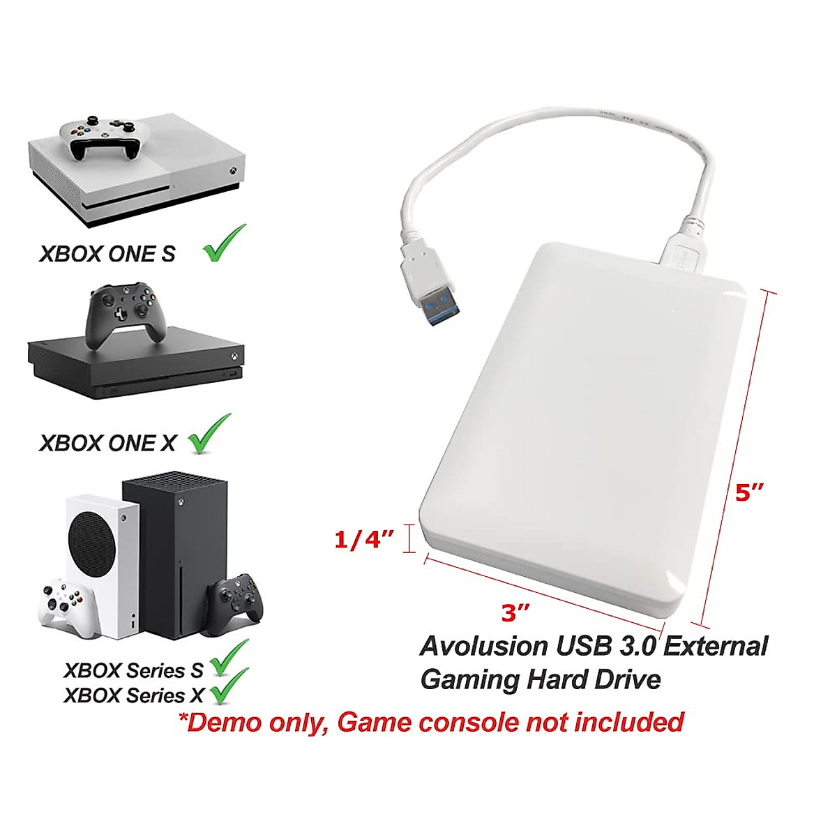 Avolusion 2TB USB 3.0 Portable External Gaming Hard Drive (for Xbox One X, S & Series X, S - Pre-Formatted) White - 2 Year Warranty