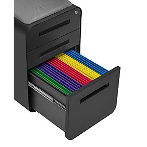 Laura Davidson Furniture STOCKPILE Curve Seated 3-Drawer Mobile File Cabinet with Removable Magnetic Cushion Seat - Metal Filing Cabinet, Pre-Assembled, White with Light Grey Cushion