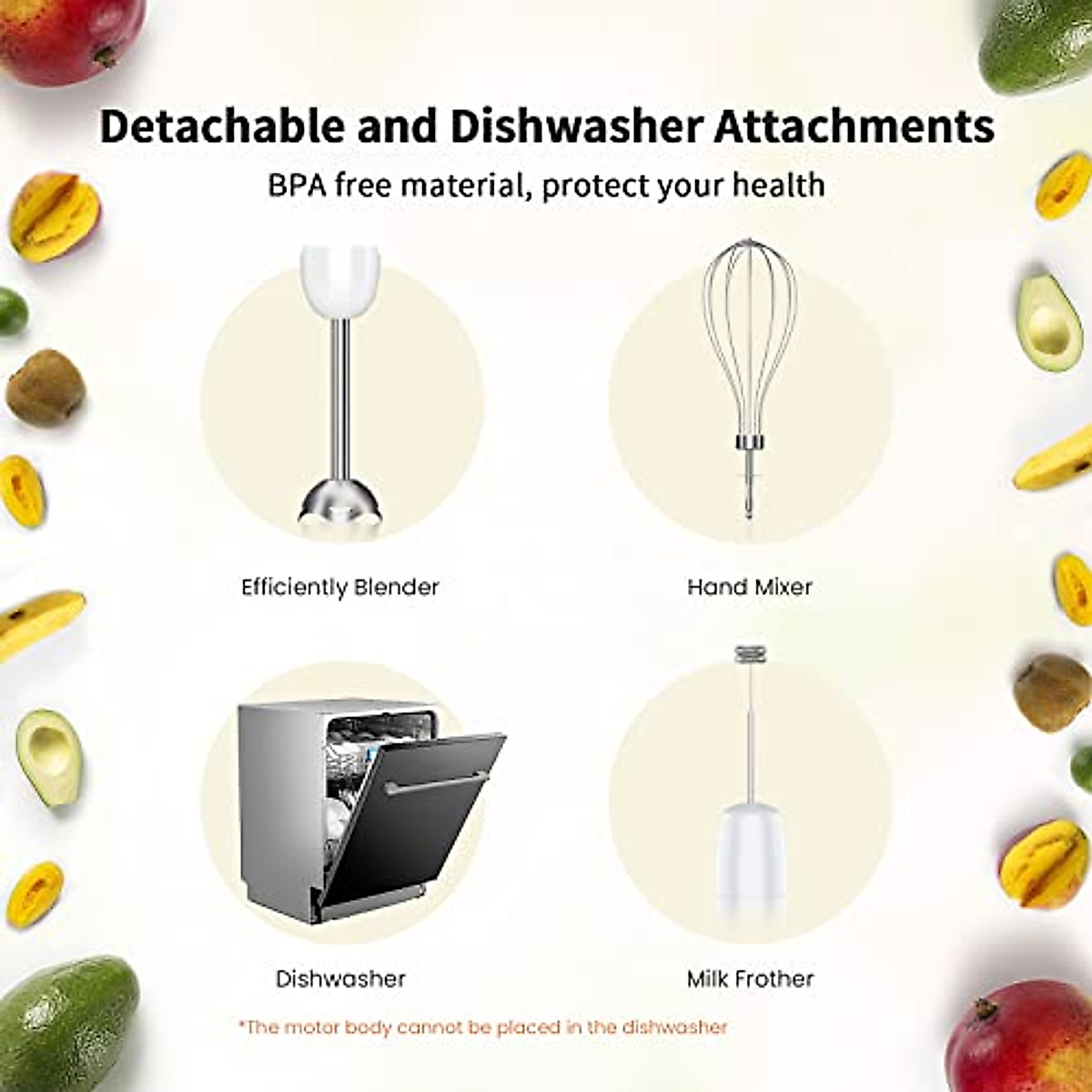 healthomse 3-In-1 Immersion Blender 800W 12-Speed Stainless Steel Hand Blender with Milk Frother, Egg Whisk, BPA-Free Materials for Soup, Smoothie, Baby Food (White)