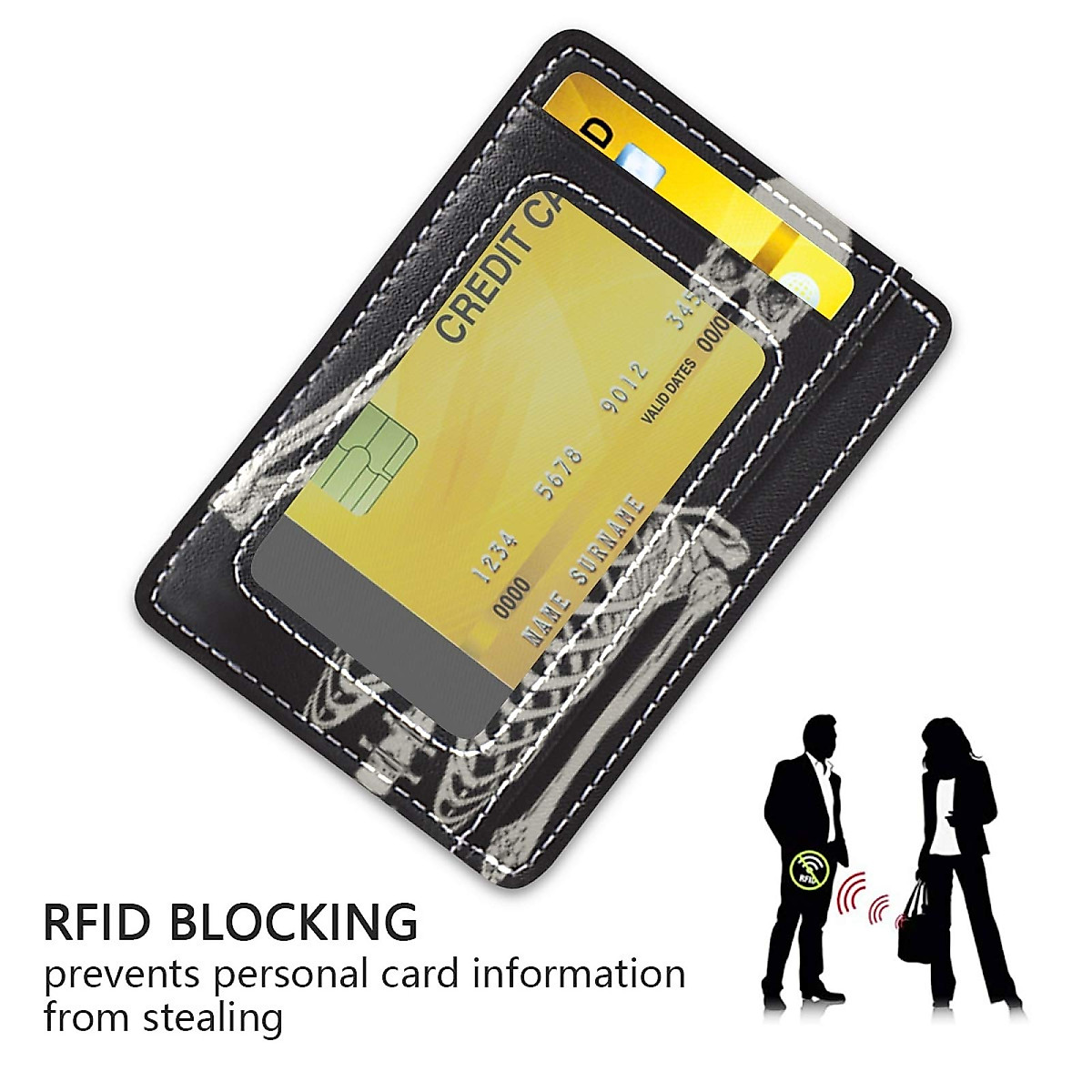 Linomo Thin leather Card Holder and Money Clip Funny Skeleton Wallet RFID Blocking for Men & Women