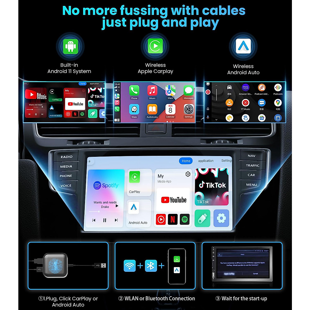 Wireless Carplay & Android Auto Adapter with Netflix YouTube Tiktok, Upgrade LED Wireless Android Auto Adapter HDMI Dongle for Phone to Miracast/Stream Media to Car/TV, for OEM Wired CarPlay Car