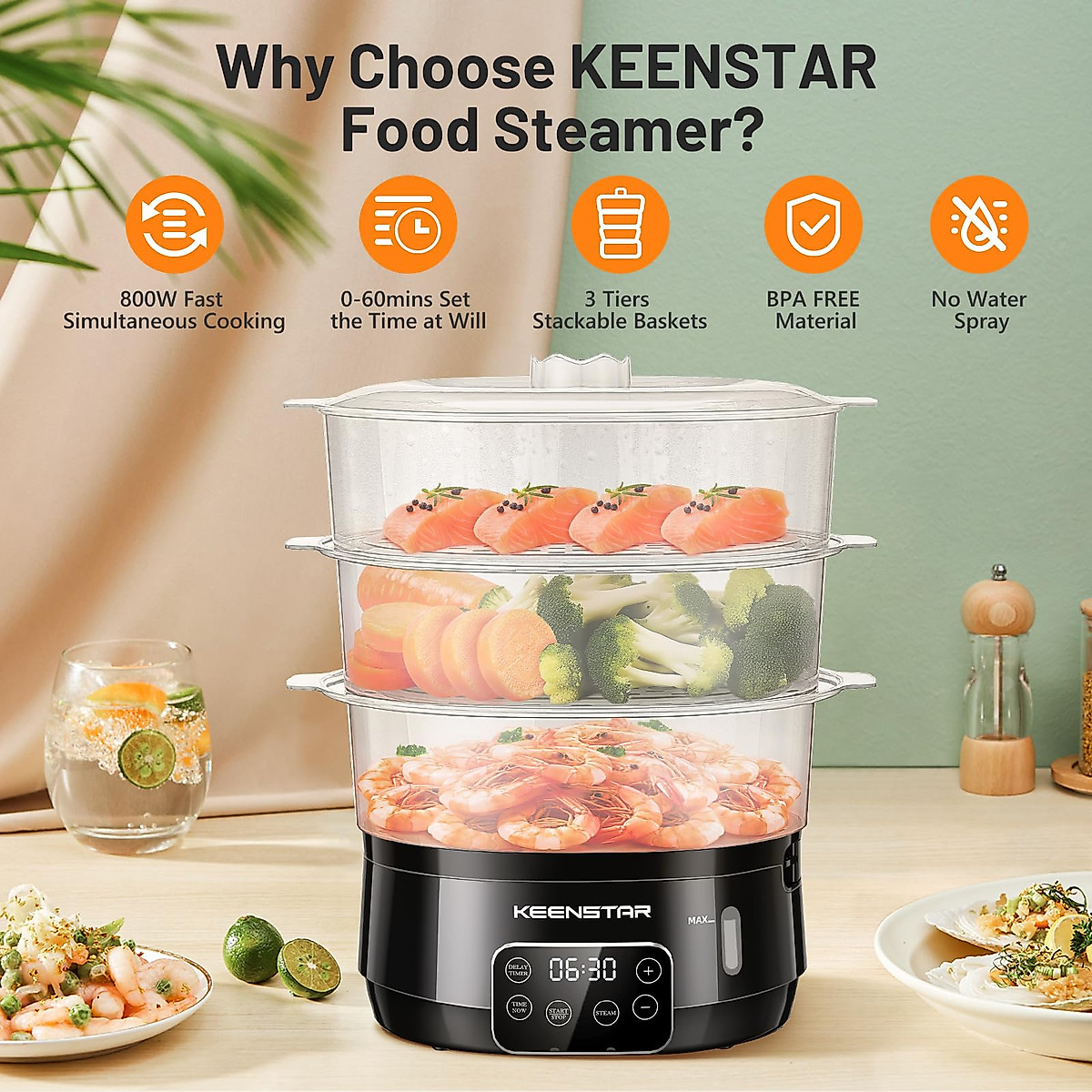 13.7QT Electric Food Steamer for Cooking, Vegetable Steamer with 3 Tiers BPA-Free Baskets, Digital Steamer with Appointment, 800W Fast Cooking, Ideal for Veggies Seafood Rice Black
