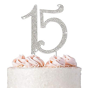 15 Cake Topper - Premium Silver Metal - 15th Birthday or Anniversary Party - Sparkly Rhinestone Quinceanera Cake Topper Decoration Makes a Great Centerpiece - Now Protected in a Box