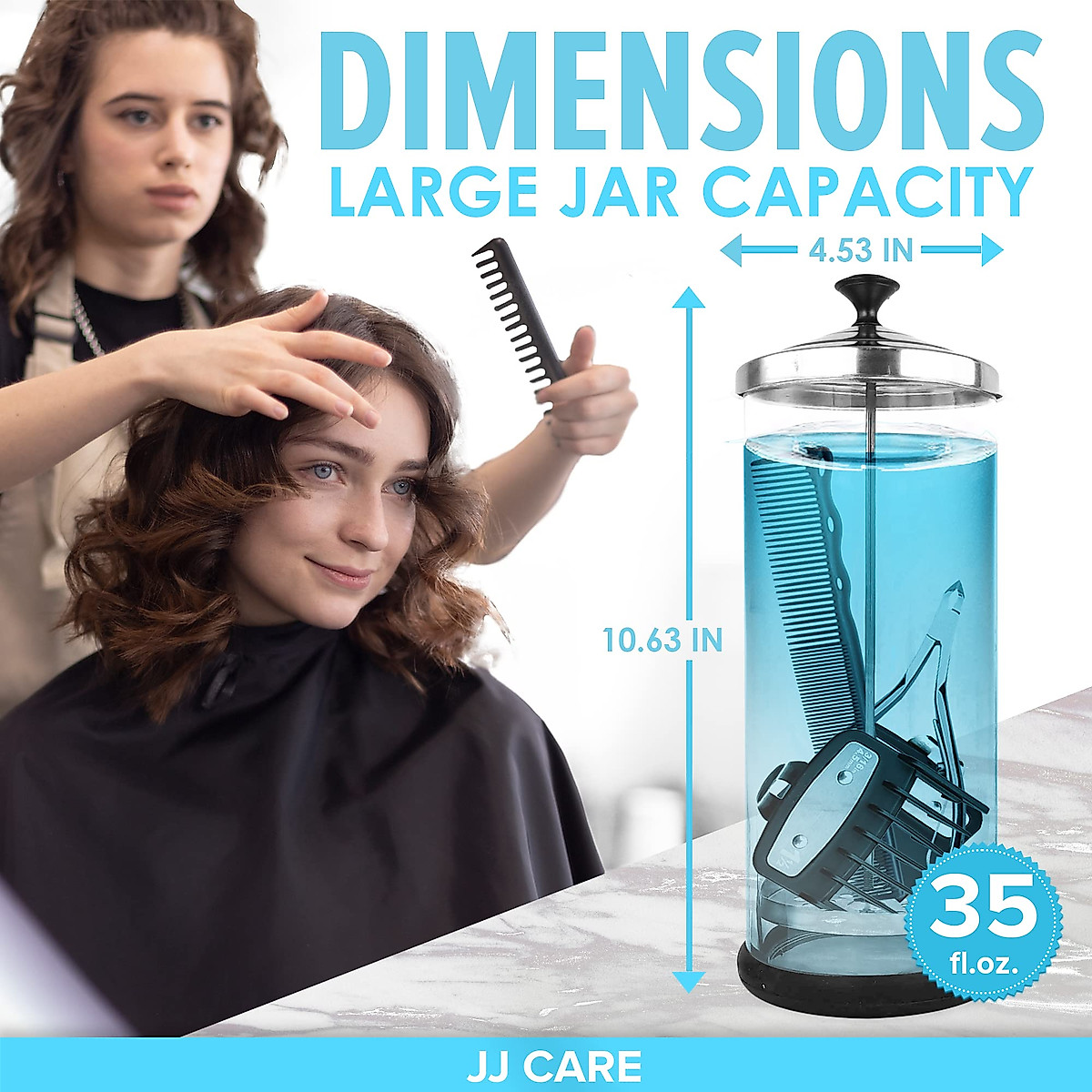 JJ CARE Disinfectant Jar (35 oz) - Barber Jar Glass, Sanitizer Disinfectant Glass Jar, Barber Disinfectant Jar Implement Disinfectant Container w/Stainless Steel Removable Strainer & Cap - Black Lid