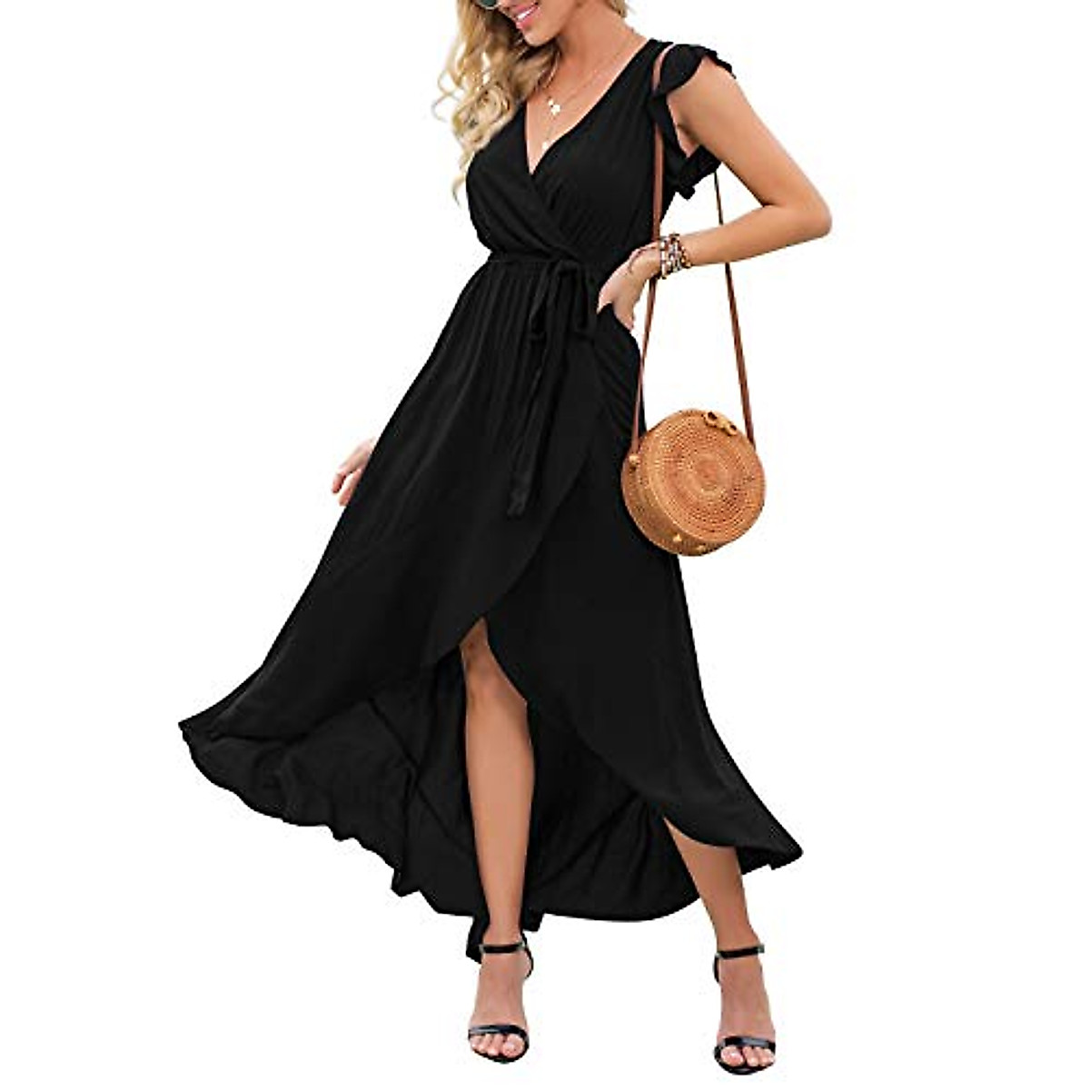 GRECERELLE Women's Summer Casual Cross V Neck Dress Bohemian Flowy Long Maxi Dresses Black-Large