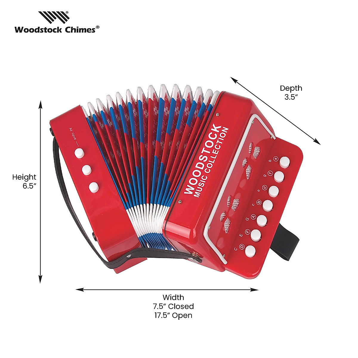 Woodstock Kid's Accordion (7"), Red, with 10 Keys, Beginner Music Toy Instrument for Children Ages 3+, Educational Gift, Toddlers Kids Boys Girls WCKA
