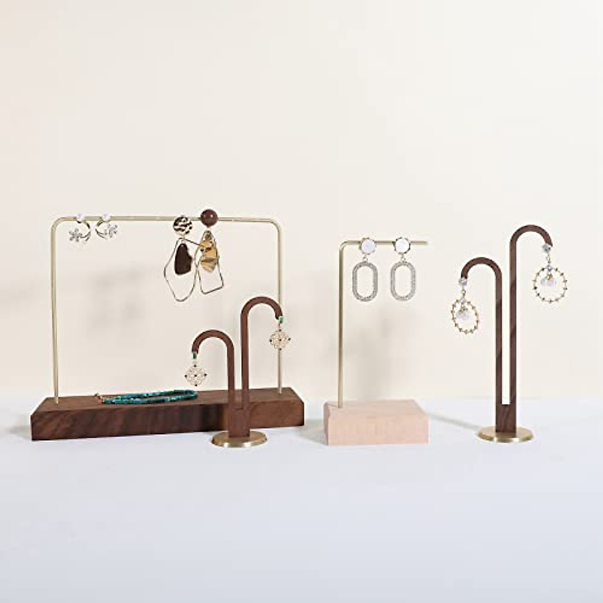 GemeShou brass earring display stands for selling, wooden ear ring holders for jewelry, single stud holder jewelry display【Brass earring stand Height-Beech】