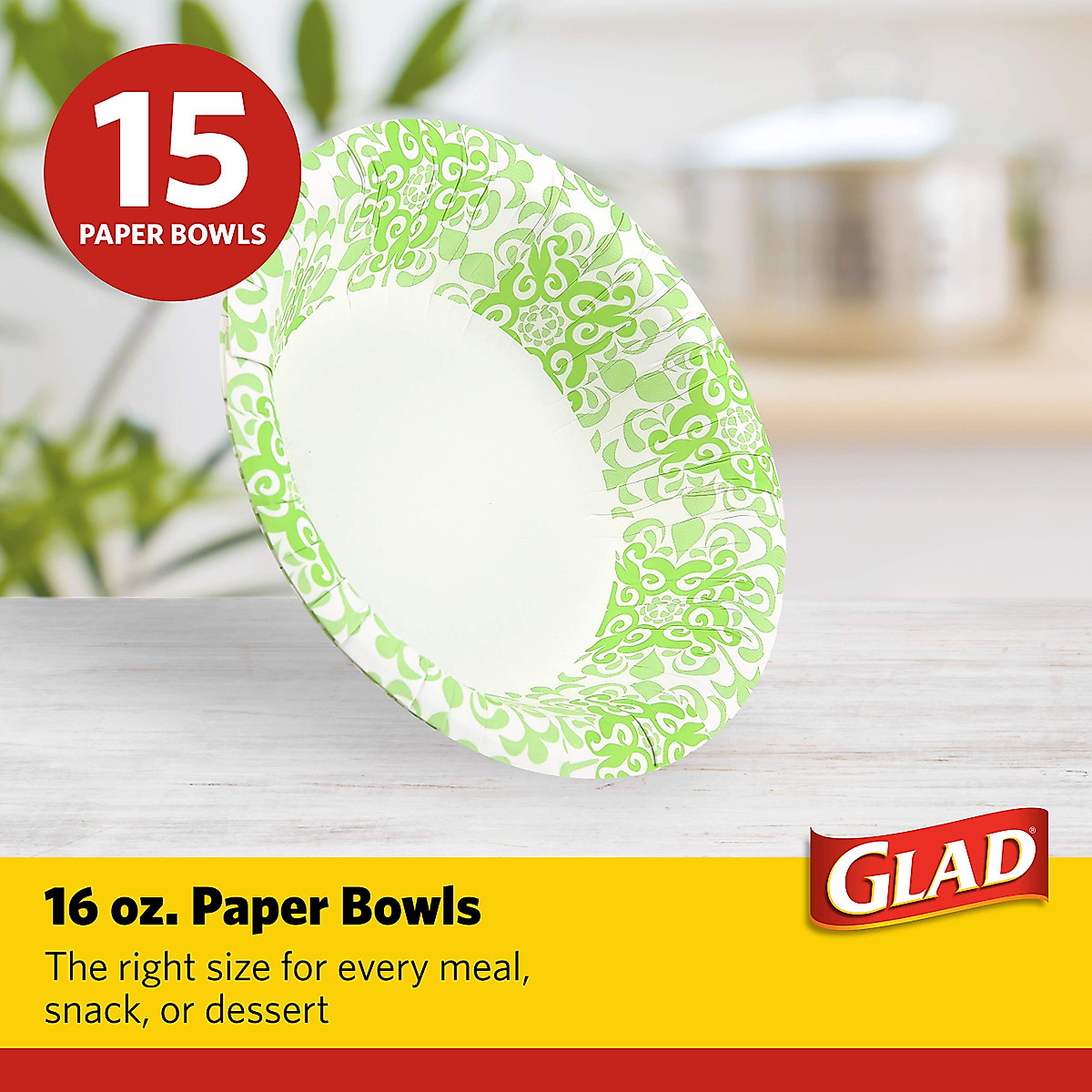 Glad Paper Bowls With Green Victorian Design, 15 Count | Disposable Paper Bowls for Parties and Picnics In Victorian Print | Microwave Safe Disposable Green and White Bowls