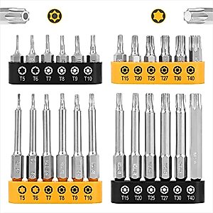 YF YoungFulTool 24Pcs Security Torx Bits with Head from T5 to T40 1'' 2.3''Long Shank 1/4 Hex Tail S2 Steel Drill Bits Tamper Resistant Bits Suitable for Drills,Hand,Power or Air Tools