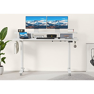 Flycity Electric Standing Desk with Dual Drawers, 55" x 24" Height Adjustable Desk Sit Stand Desk with Memory Controller, Casters & 2 Hooks, Ergonomic Low Noise Home Office Desk, White