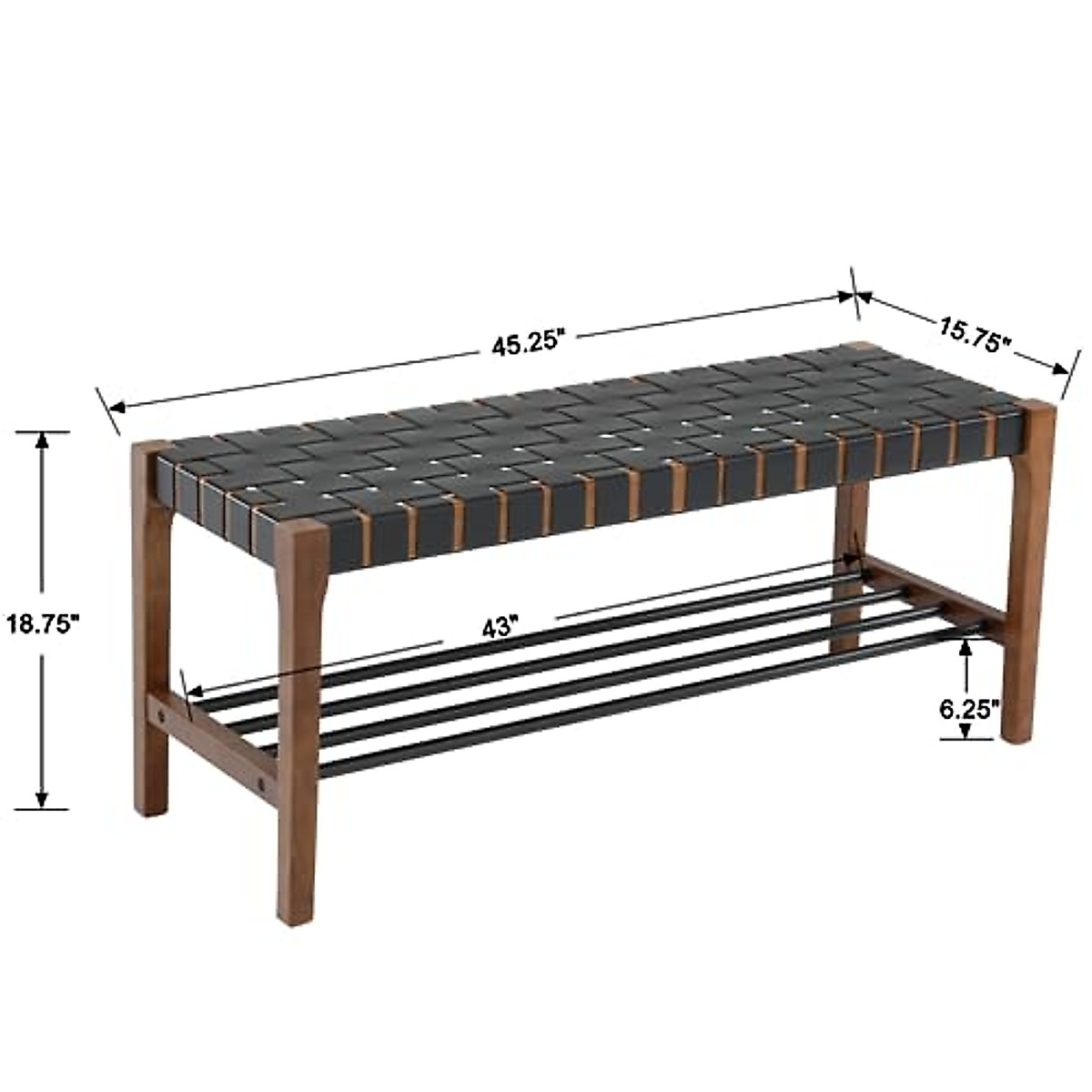 Janoray Solid Wood Bench, Modern 45" Long Dining Bench with Faux Leather Woven Strips & Metal Shelf Comfy Seat for Entryway/Dning Room/Bedroom, Black