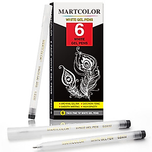 MARTCOLOR White Gel Pens Set, 6 Pack, 0.8mm Fine Point Pens Gel Ink Pens For Artists, Archival Ink Pens, White highlight Pens for Black Paper Drawing, Illustration, Sketching, Writing