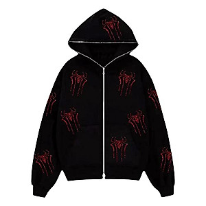 NECHARI Women's Rhinestone Spider Hoodie Y2K Full Zip Jacket Pullover Aesthetics Oversized Casual Sweatshirt