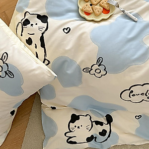 LIWHENHAO Rabbit Duvet Cover Set Twin 100% Cotton Bedding Cartoon Bunny Garden Red Apple Floral Pattern 1 Kawaii Flower Comforter Cover Zipper Closure 2 Pillowcases for Kids Girls Boys