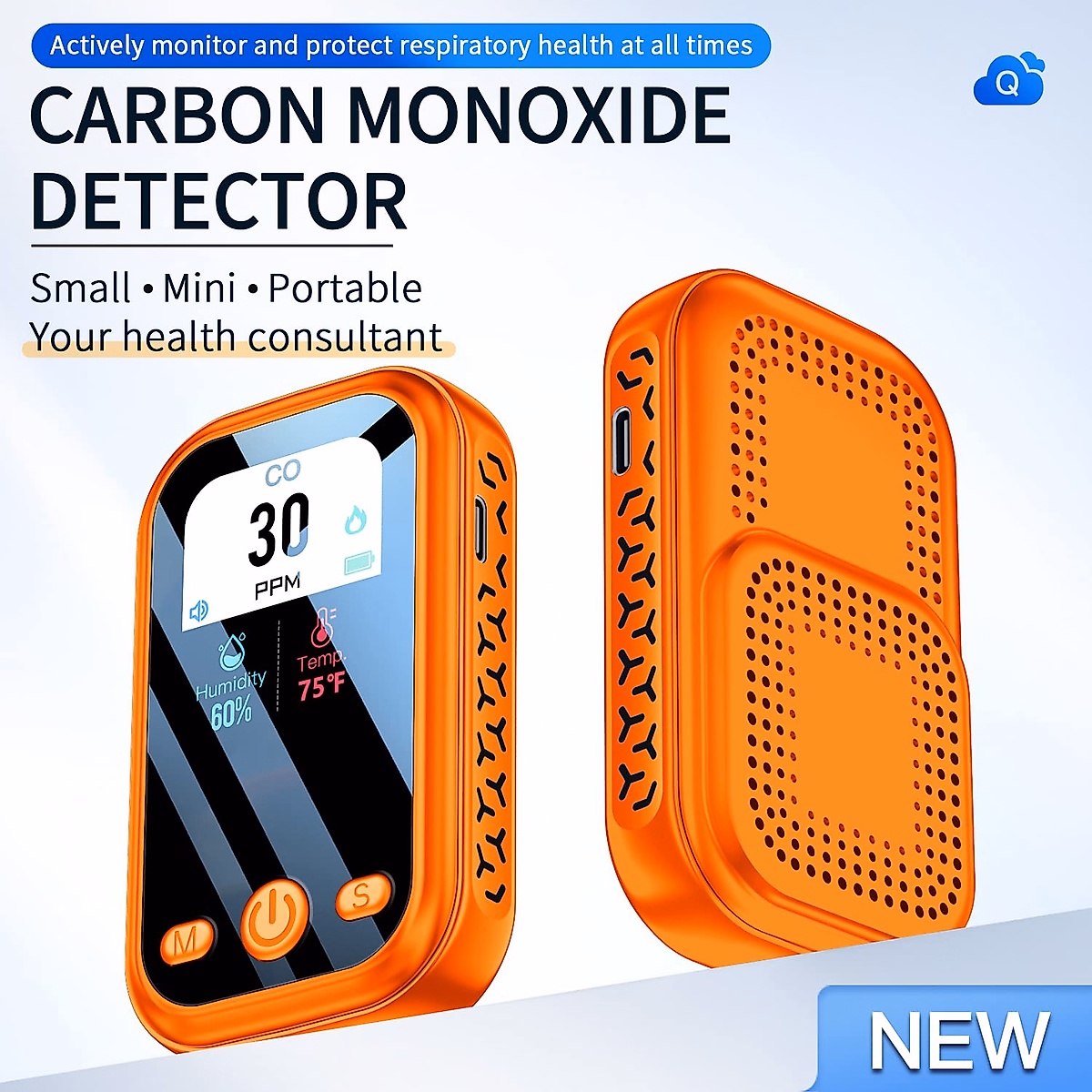 CEKKIENA [3-in-1] Carbon Monoxide Detector Portable Mini Air Quality Monitor with Lanyard Alarm CO Gas Meter Temperature Humidity Sensor Built-in 1000mAh Battery, Indoor/Outdoor (Orange)