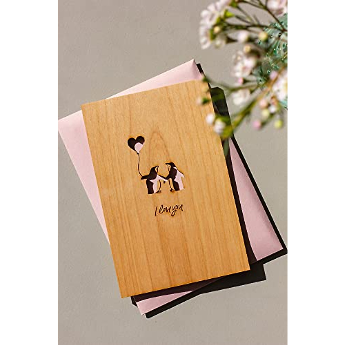 Penguin Love Wood Wedding Anniversary Card for Wife Husband [Happy Birthday Penguin Gifts for Him Her Couple, Valentine's Day Card for Boyfriend Girlfriend, Made in the USA]