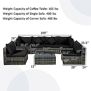 LUKEO 7PCS Patio Rattan Furniture Set Sectional Sofa Garden Black Cushion Corner Sofas and Single Sofas